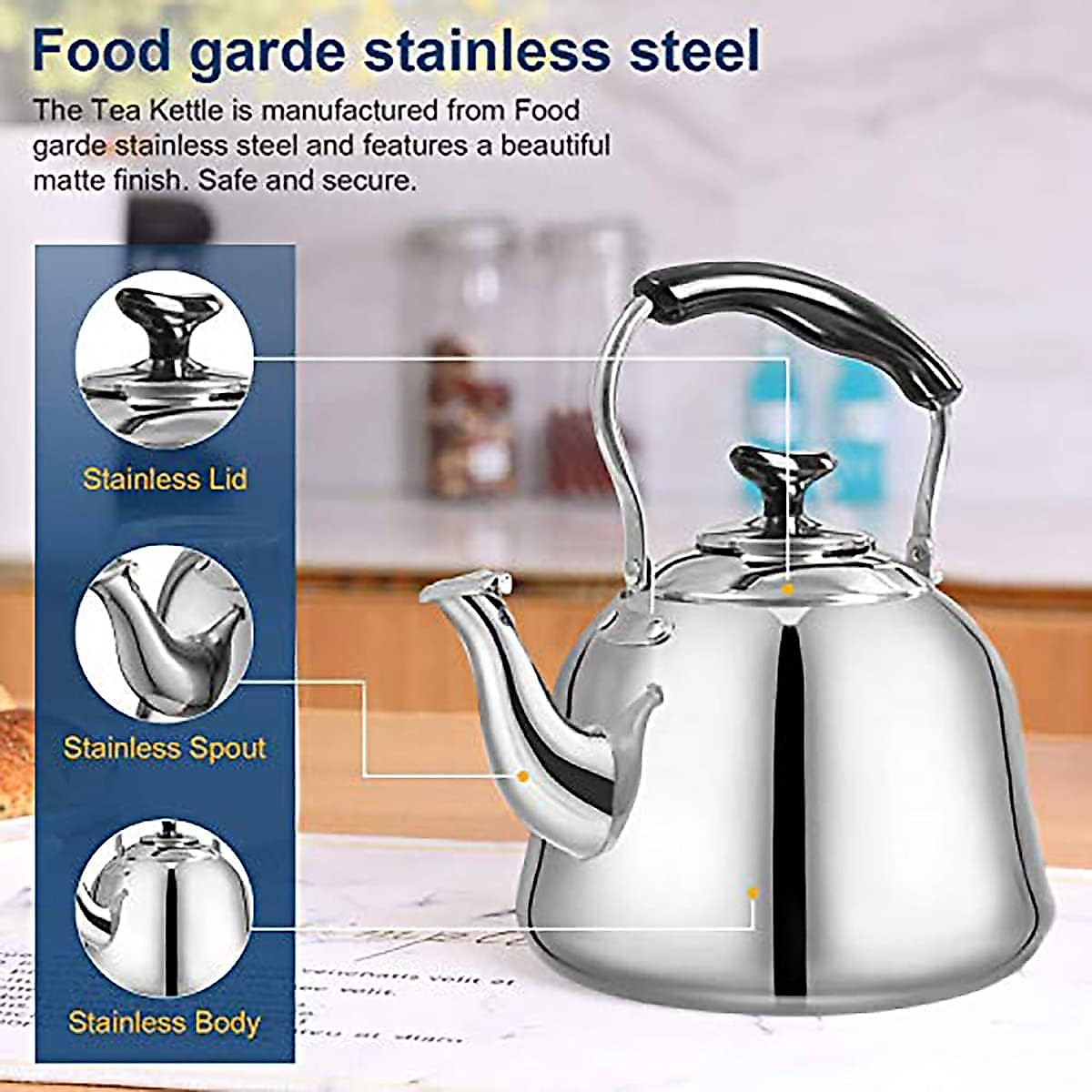 Whistling Stovetop Tea Kettle 2L Food Grade Stainless Steel Teapot, Hot Water Fast to Boil Tea Kettle Stovetop with Wide Mouth, Anti-scalding Handle Teakettle for Gas, Induction, Electric, Tea&Coffee