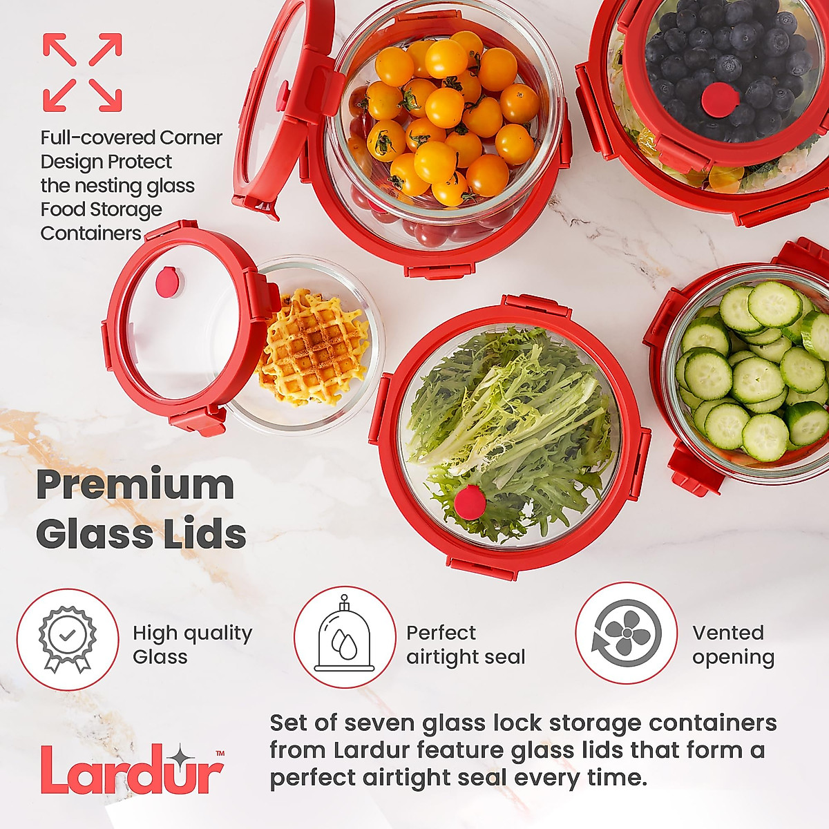 Premium Glass Food Storage Containers with Vented Lids – Set of 7, Various Size Round Borosilicate Glass Meal Prep Containers – BPA-Free, Microwave, Oven Dishwasher & Freezer Safe, Gift Packaged