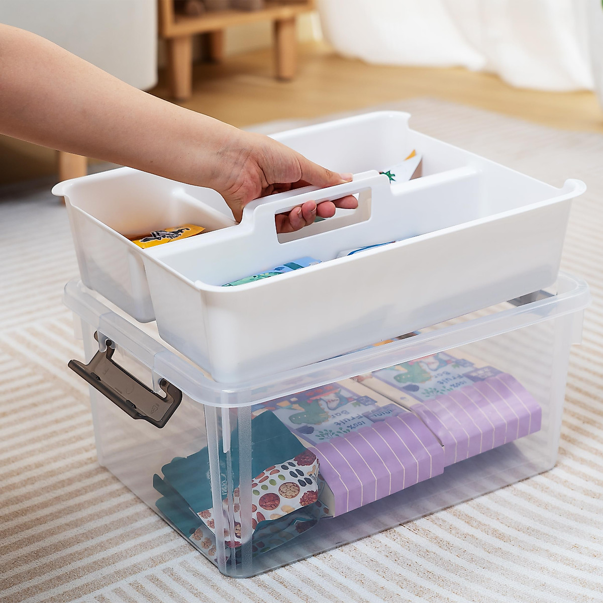 Bienvoun 17 QT Plastic Storage Box with Handle Removable Tray Craft Organizers and Storage Container Stackable Clear Storage for Bead,Crayon,Tool,Sewing,Playdoh