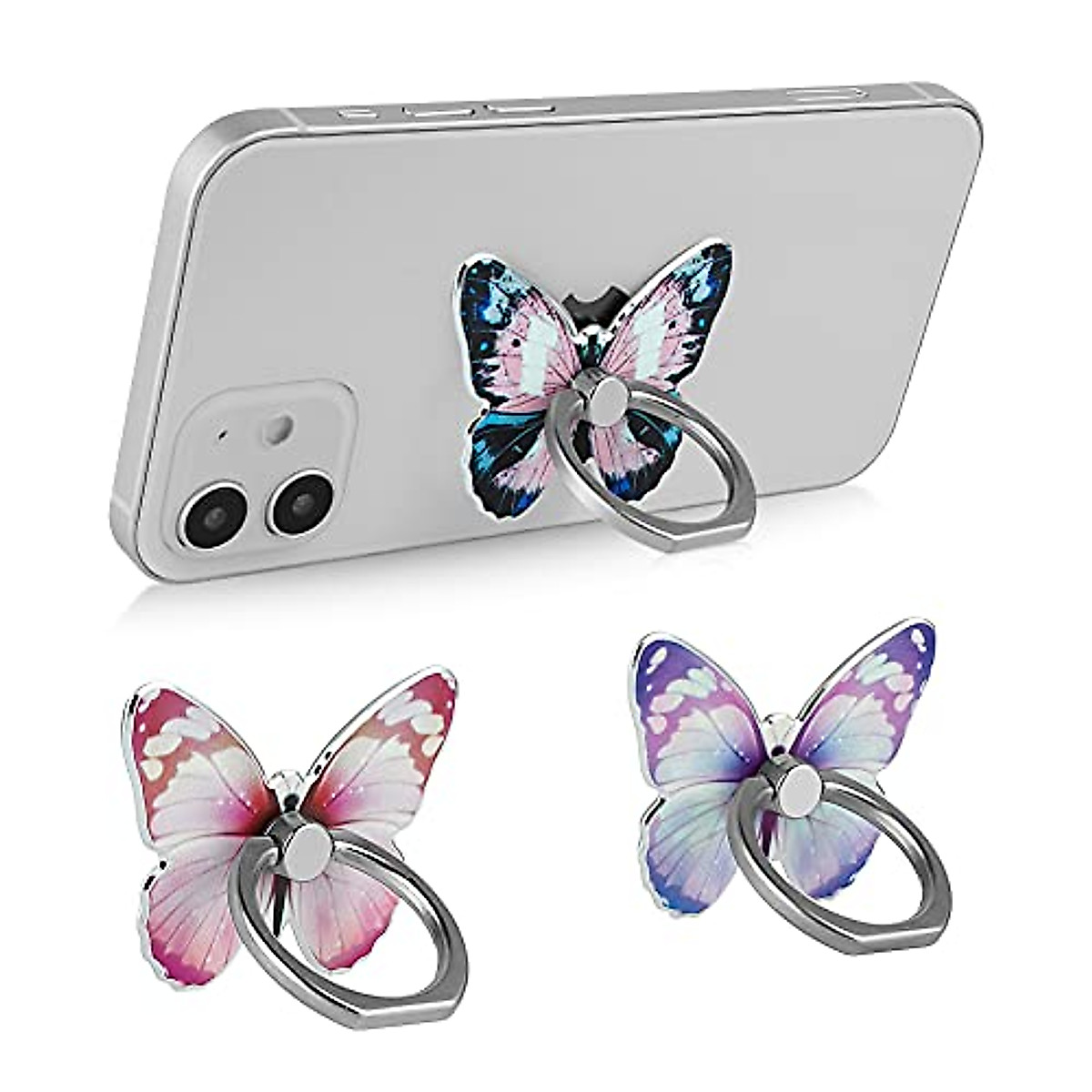 LSL Cute Butterfly Cell Phone Ring Holder 360°Rotation Metal Finger Stand Kickstand Universal Compatible with iPhone Samsung Galaxy LG Google Pixel iPad Three Pack Pink Blue Purple Pretty Butterfly