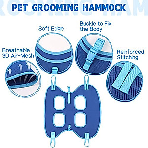 Supet Dog Grooming Hammock for Dog and Cat, Relaxation Pet Grooming Sling Helper, Breathable Pet Grooming Hammock for Nail Trimming, Ear/Eye Car with Nail Clippers/Trimmers/Scissors Blue