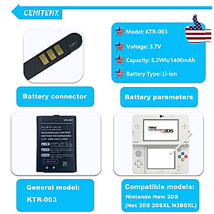 CENIFENX New 3DS Battery, KTR-003 3.7V 1400mAh Replacement for Nintendo New 3DS Game Player Battery, with Repair Tool Kit (Not for Nintendo 3DS, 3DS XL, New 3DS XL)