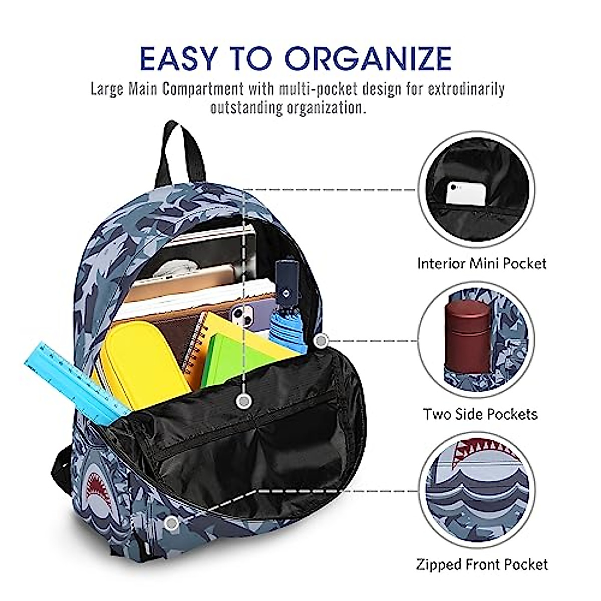 Lightweight Shark Boys School Backpack, Classic Bassic Bookbag for Middle School Students, Cute Shark Patterned Casual Daypack for College, Travel, Work with 15-Inch Laptop Compartment, 17 IN-Grey