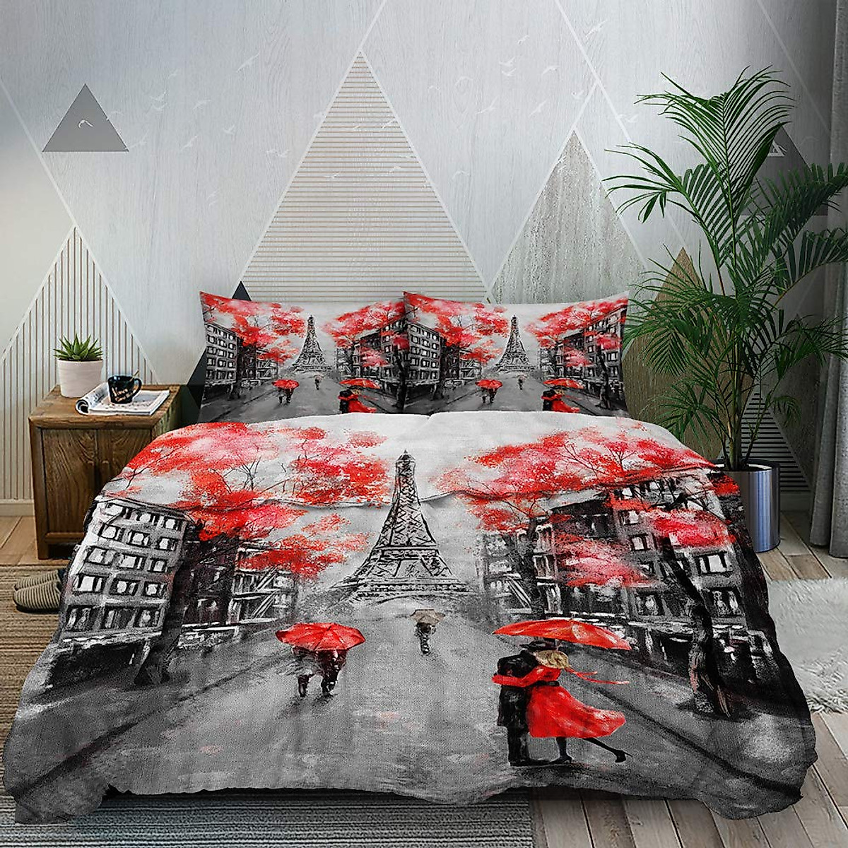 Yunine Paris Bedding Set Comforter Eiffel Tower Duvet Cover Set Romantic Couple with Umbrellas in The Street, Grey, red, Queen Size, 1 Duvet Cover and 2 Pillowcases