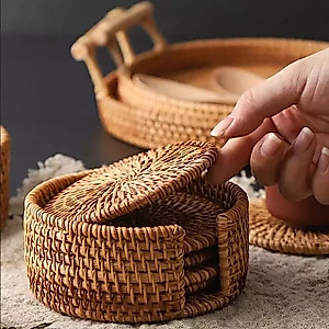 Rattan Coasters, Handmade Teacup Coasters, Creative Gift for Kitchen Table Drinks Crafts Round Natural Coasters Coasters Set of 6 with Holder (3.94in)