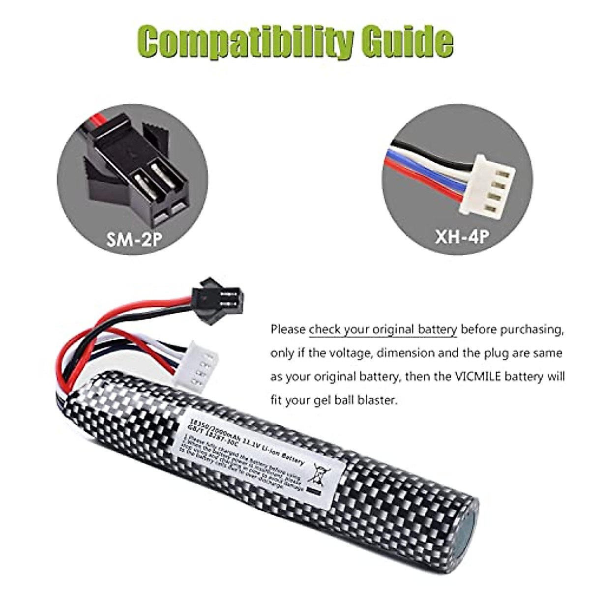 VICMILE Airsoft Battery 11.1V 2000mAh SM2P Plug with USB Charger Compatible with Airsoft Gel Water Bead Blaster Rechargeable Batteries 2PACK