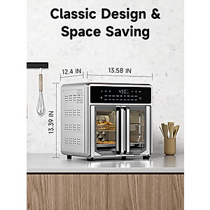 Air Fryer 15.8 Qt,French Door Toaster Oven Combo Compact Countertop Design,18 Presets & 1 Preheat & 1 Light,Easy Clean,Simple Panel,Multi Cooking,4 Accessories,Stainless Steel,Kitchen Elite
