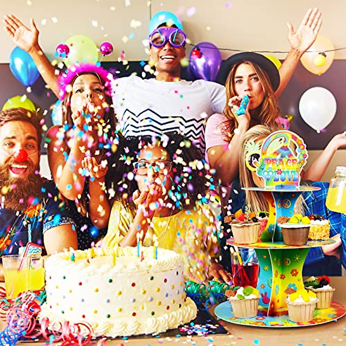 3 Tier 60's Hippie Theme Party Decorations 60s Groovy Cupcake Stand Peace Sign Decorations Cupcake Holder Tie Dye Peace and Love Dessert Tower for 60s 70s Hippie Carnival Birthday Party Supplies