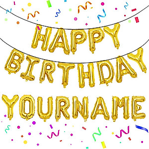 Happy Birthday Banner,Personalized Name Happy Birthday Balloon Banner Letters Balloons 2 Sets A-Z 16 Inch Reusable Foil Mylar Birthday Party Decorations for Women Men Boys Girls (Gold)