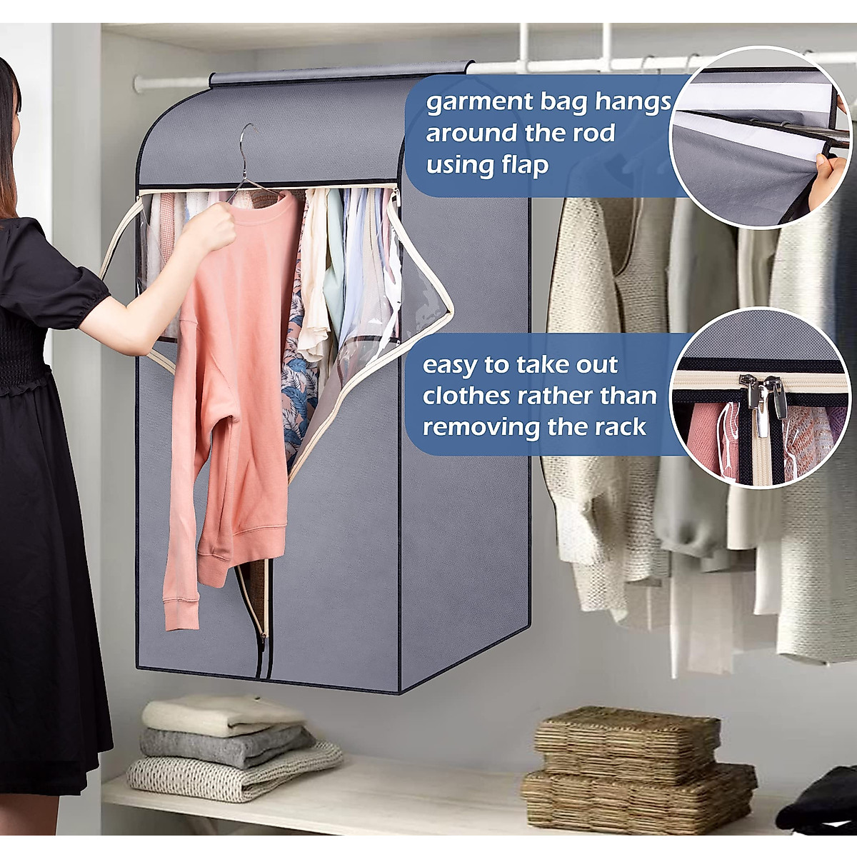 SLEEPING LAMB 43'' Garment Bags for Closet Storage with Zippers Completely Closed Wardrobe for Hanging Clothes Suits Coats Cover, 2 Packs, Grey(Hanging Rod Not Included)