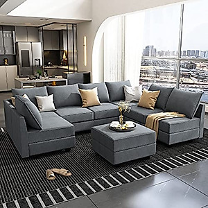 HONBAY Reversible Sectional Modular Sofa Couch with Ottoman U Shaped Sectional Sleeper Sofa with Storage Oversized Sectional Sofa with Wide Chaise for Living Room, Bluish Grey