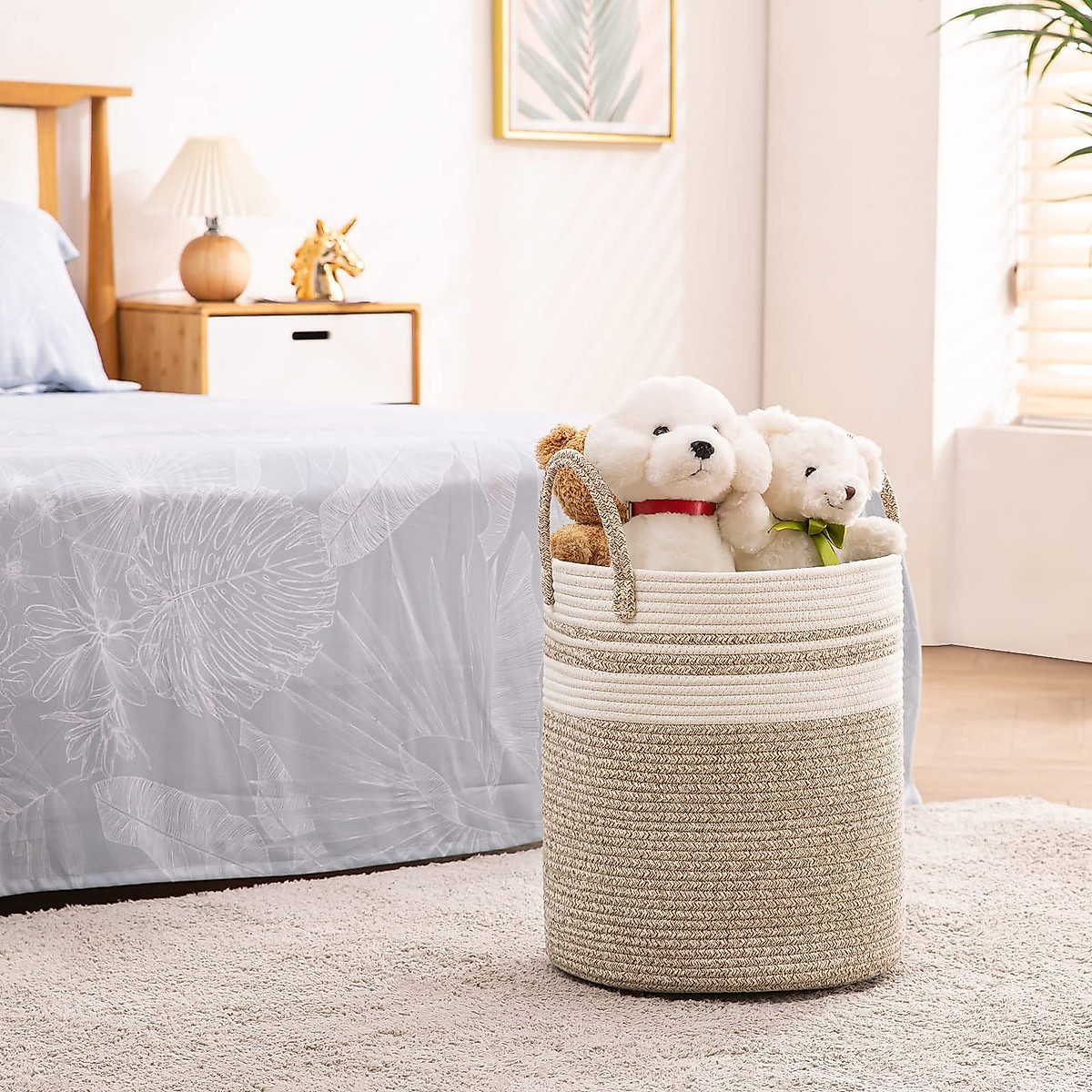 YOUDENOVA Woven Rope Laundry Hamper with Handles, 41L Laundry Basket for Blanket Storage, Heavy Duty Clothes Hamper for Bedroom-16 x 14 x 14 Inches-Brown