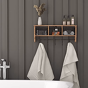 Merrick Lane Enid Wall Mount 24 Inch Solid Pine Wood Storage Rack with Upper Shelf, Hooks, and Wire Baskets for Living Room, Kitchen, or Entryway in Rustic Brown