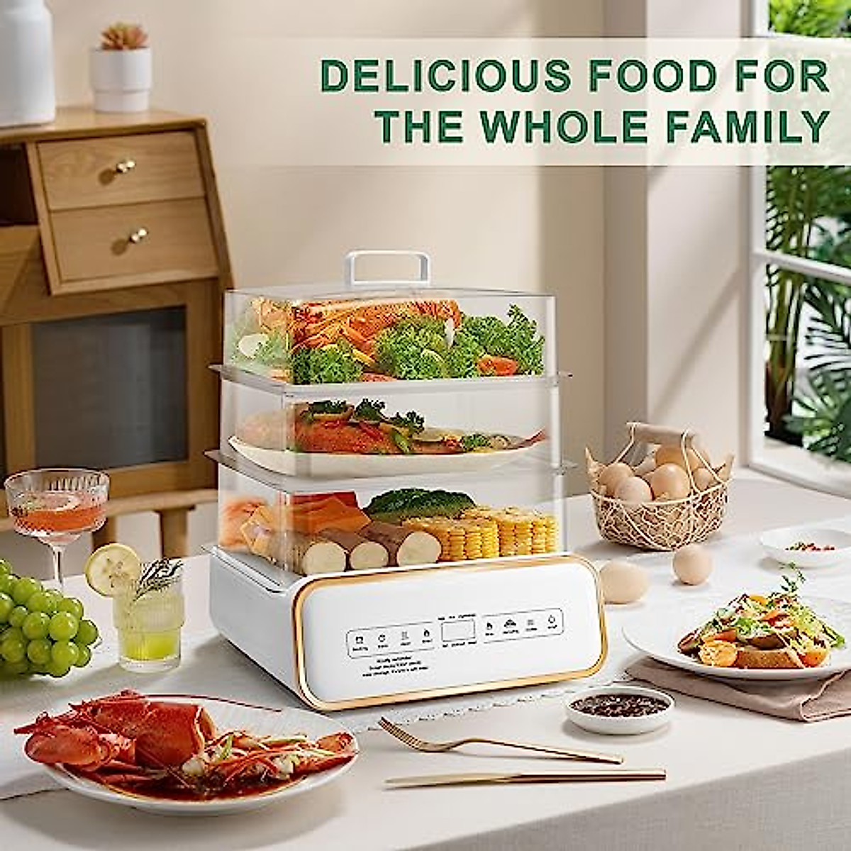 SUSTEAS Food Steamer for Cooking - 17QT Vegetable Steamer with 24H Booking & 60Min Timer, Electric Steamer with Digital Display and 3 Tier Stackable Trays, Auto Shut-Off & Boil Dry Protection