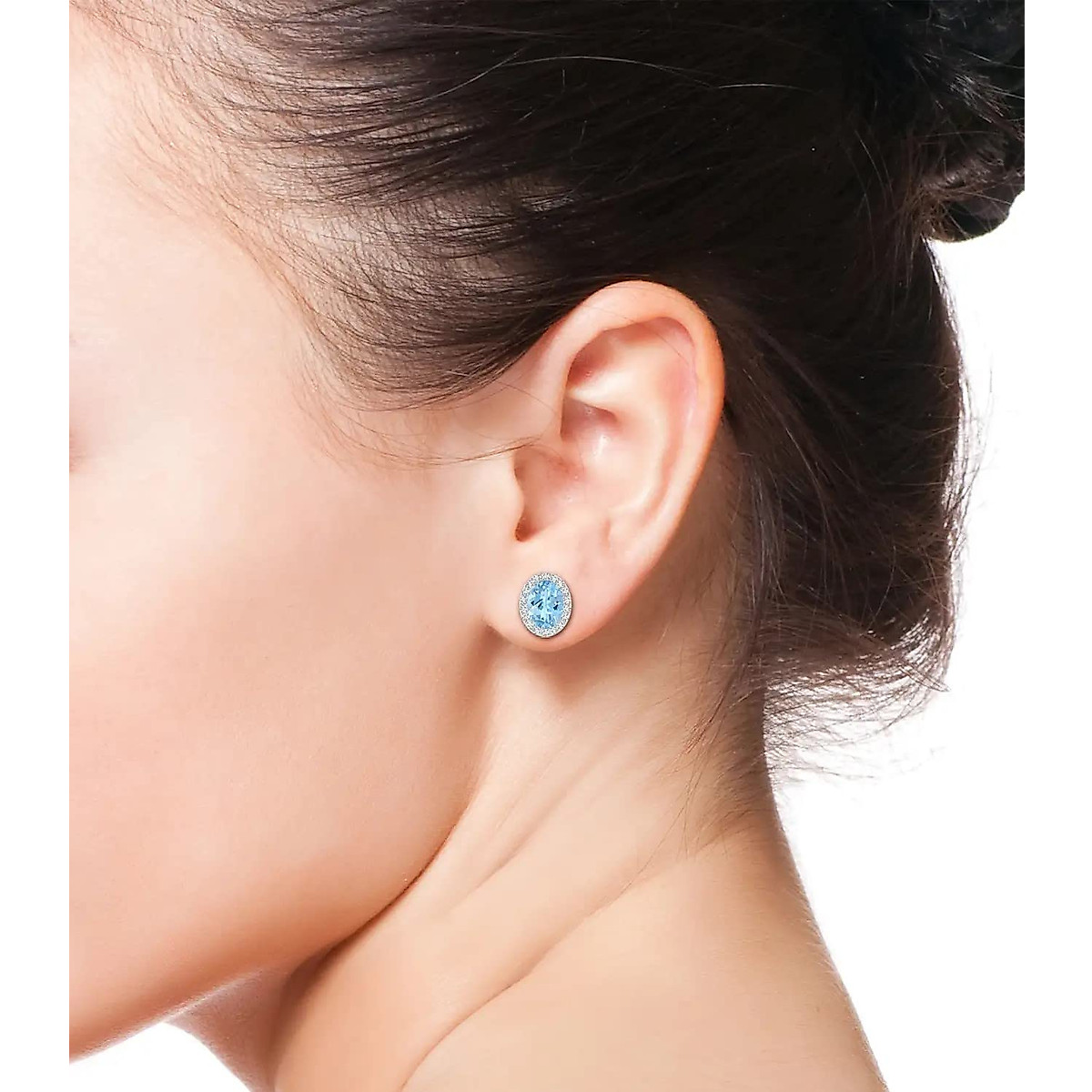DONAGEMS 9x7 Oval Cut Gemstone Halo Studs Earrings with Push Back - Aquamarine