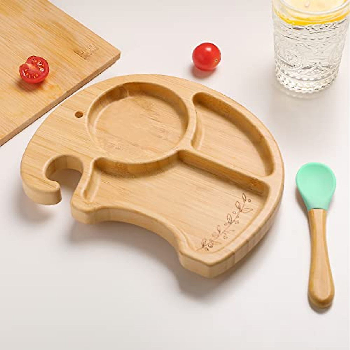 Mamimami Home Bamboo Baby Plate - Silicone Suction - Toddler Food Plate with Fork and Spoon - Baby Led Weaning Plate Feeding Utensils Set, BPA Free （Green Elephant）