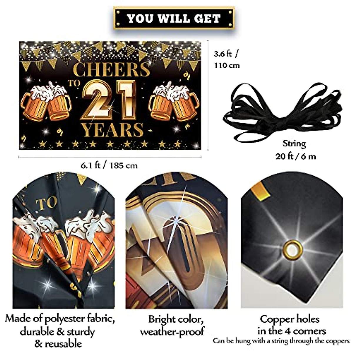 21st Birthday Decorations for Him Her, Cheers to 21 Years Birthday Backdrop Banner, Black Gold 21 Birthday Party Photo Props, 21 Birthday Yard Sign Poster Supplies for Outdoor Indoor, Fabric Vicycaty