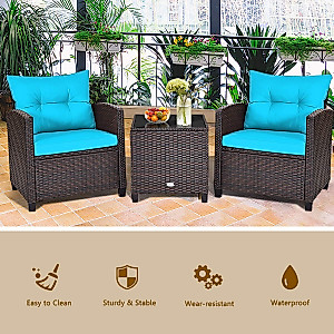 Toolsempire 3 Pieces Wicker Patio Furniture Set, Outdoor Sofa Set with Water-Resistant Cushion & Tempered Glass Table, Outdoor Conversation Set Bistro Set for Garden, Balcony, Poolside(Turquoise)