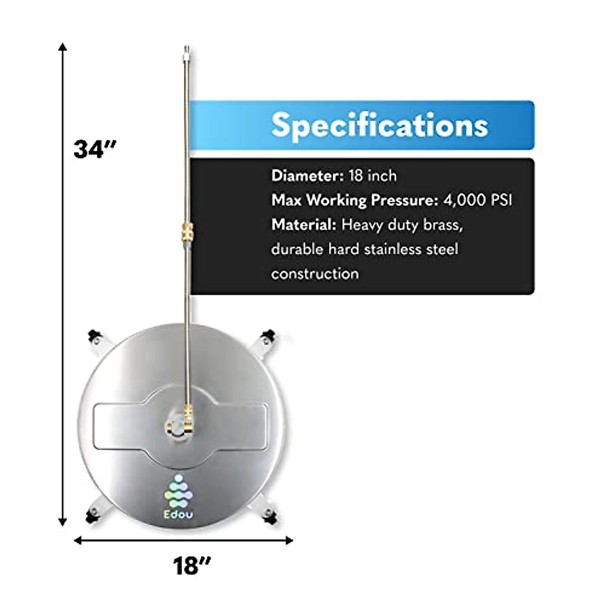 EDOU DIRECT Pressure Washer Surface Cleaner 18" with wheels | Stainless Steel | HEAVY DUTY | 4,000 PSI Max Working Pressure | Includes: 2 Pressure Washer Extension Wand Attachments