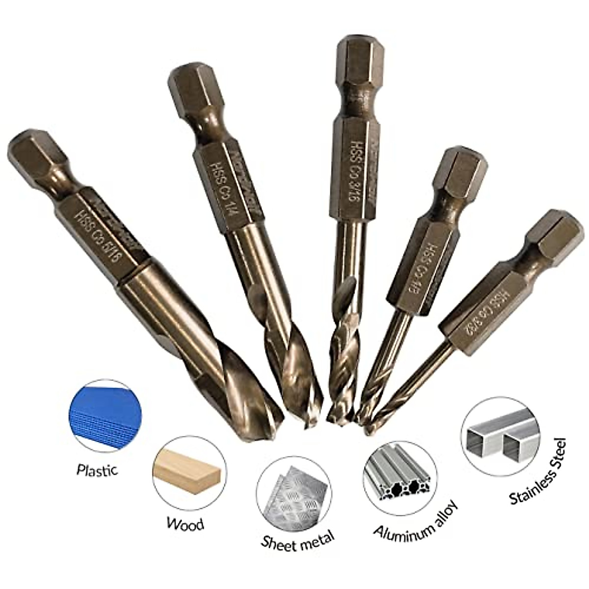 NordWolf 5-Piece M35 Cobalt Stubby Drill Bit Set for Stainless Steel & Hard Metals, with 1/4" Hex Shank for Quick Chucks & Impact Drivers, SAE Sizes 3/32"-1/8"-3/16"-1/4"-5/16" in Storage Case