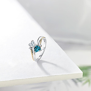 925 Silver and 10K Yellow Gold Moissanite by Charles & Colvard and London Blue Topaz with Lab Grown Diamond Women 2 Heart Engagement Mother Ring (1.07 Cttw, Available in Size 5,6,7,8,9)