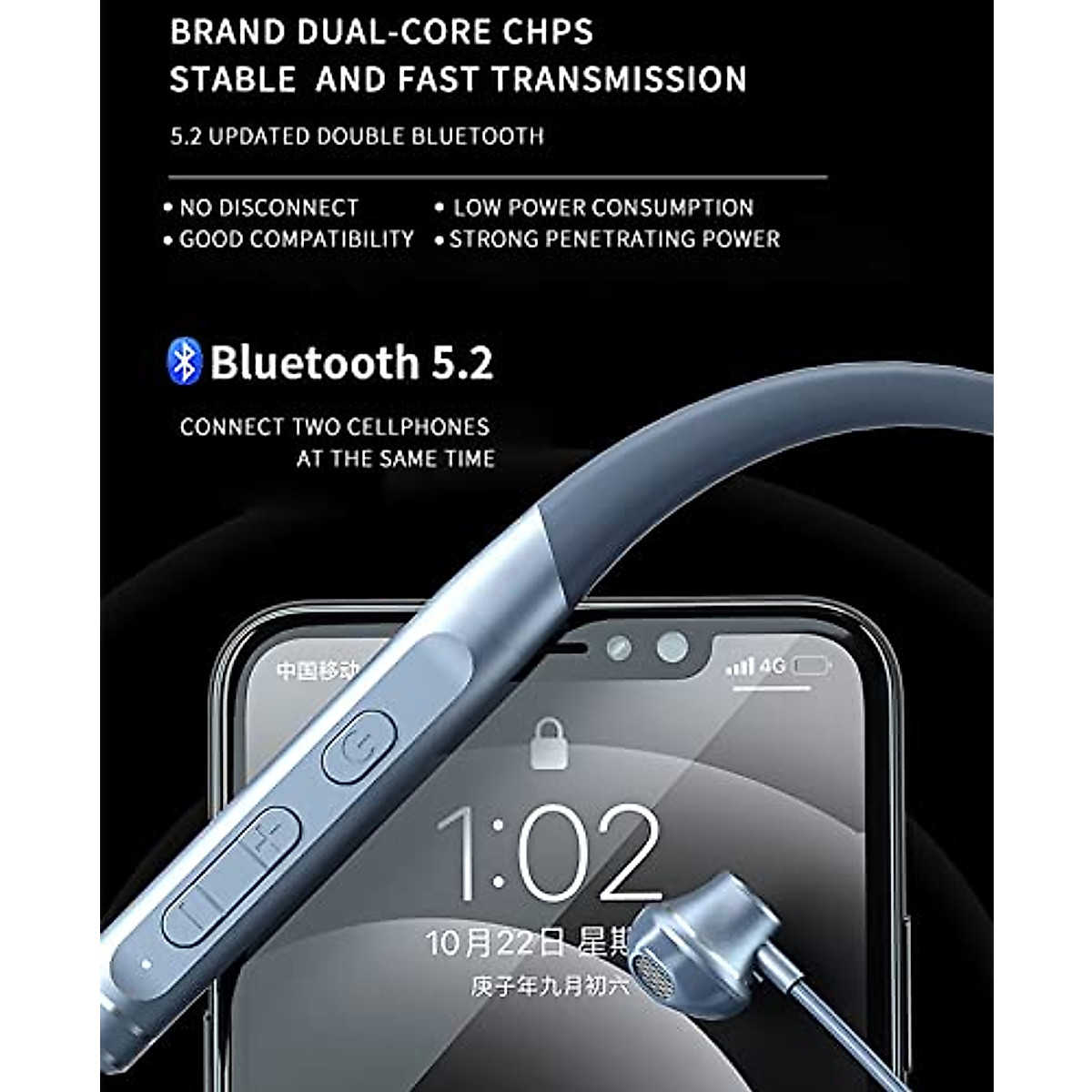 Neckband Bluetooth Headphones Wireless Earbuds with Microphone Flashlight Around the Neck Waterproof Sport Headset Noise Cancelling Ear Buds 120H Playtime for Running Cycling Cell Phone Android iOS