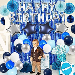 Blue Birthday Decorations Navy Blue Party Supplies Silver Happy Birthday Banner Blue Balloons Foil Fringe Curtain Bday Decor Men Women Boys Girls 13th Sweet 16 18th 21st 25th 30th 40th 50th 60th 70th