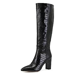 QXYRAUF Knee High Boots Women's Faux Crocodile long boots high heel boots GoGo Tall Boots Block Heel Pointed Toe Boots