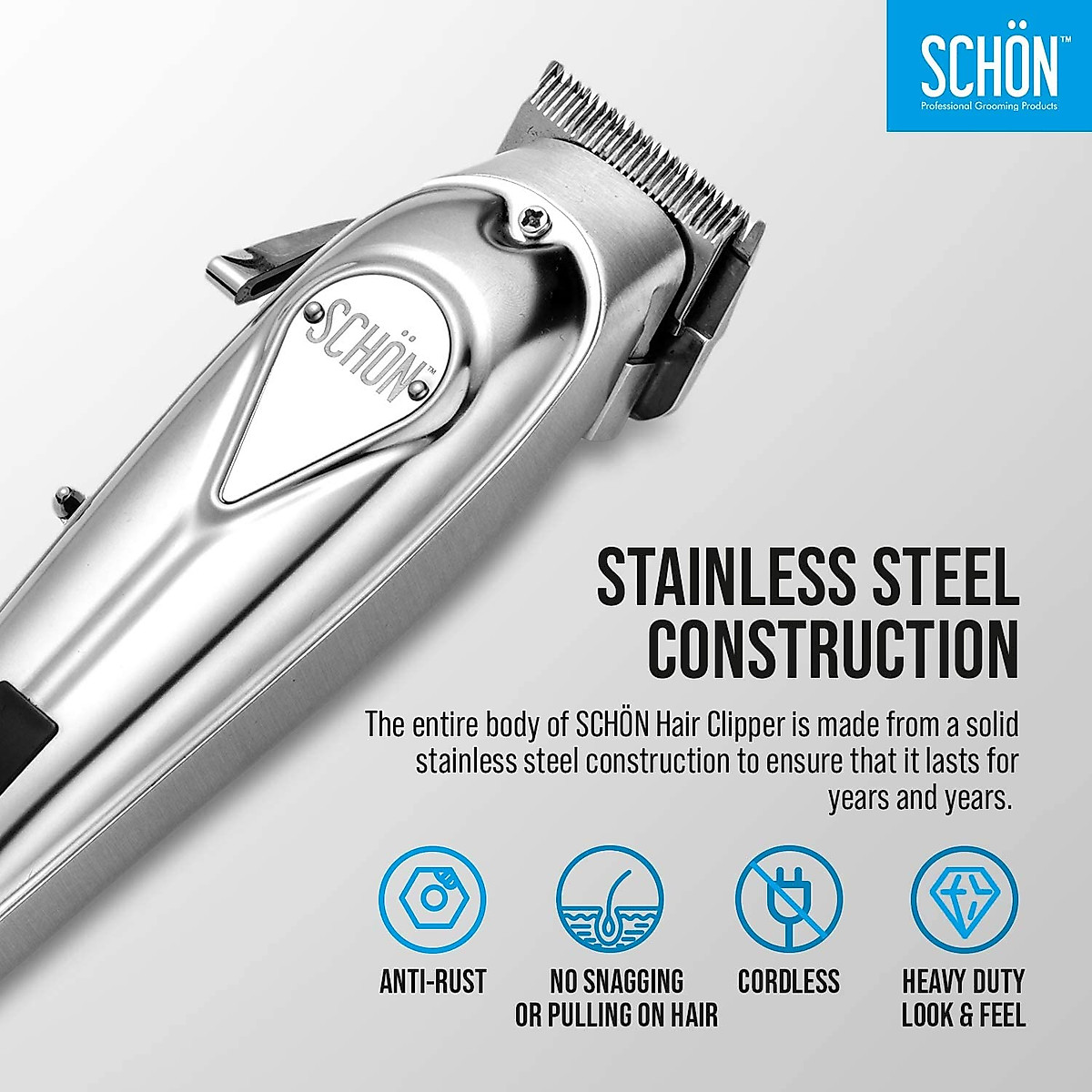 SCHON Cordless Rechargeable Hair Clipper and Trimmer for Men, Women, Children - Solid Stainless Steel Electric Buzzer with Precision Blades, Hair Cutting Kit with 8 Color-Coded Guide Combs