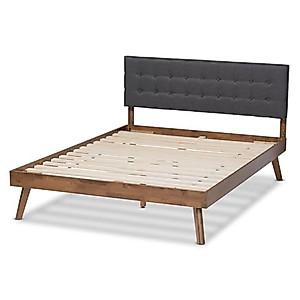 Baxton Studio Devan Mid-Century Modern Dark Grey Fabric Upholstered Walnut Brown Finished Wood King Size Platform Bed