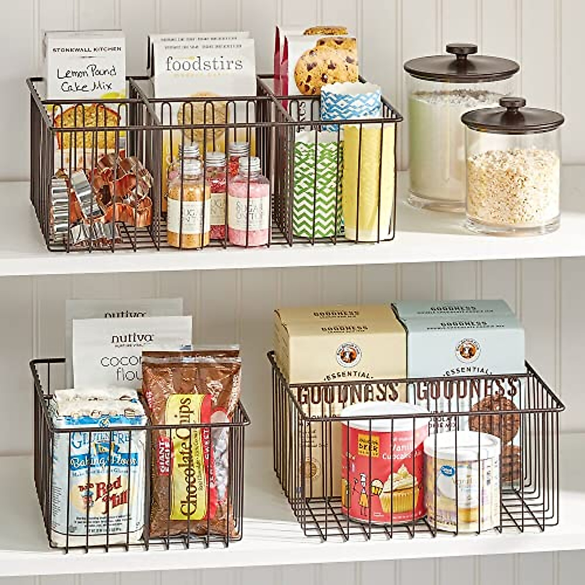 mDesign Farmhouse Decor Metal Wire Food Organizer Storage Bin Baskets for Kitchen Cabinets, Pantry, Bathroom, Laundry Room, Closets, Garage, 6 Sections - Bronze
