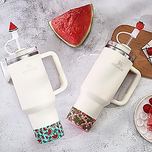 2 Pcs of Silicone Cup Boot with Straw Cover for Stanley Cup Accessories, Silicone Base Water Bottle Bottom Sleeve for 40 oz 30 oz Tumbler Hydro Flask (Watermelon and Strawberry Silicon Boot)