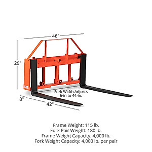 Titan Attachments UA USA Made Orange Pallet Fork Frame Attachment, 48â€ Fork Blades, Rated 4,000 LB