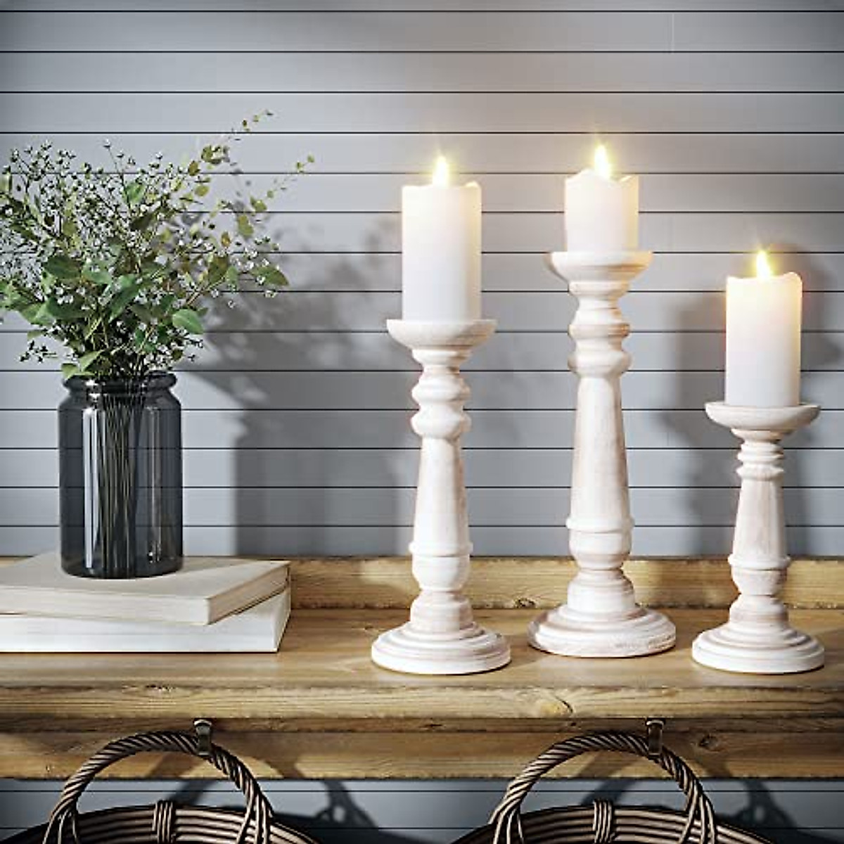 Barnyard Designs Rustic Pillar Candle Holder Stands, Tall Wood Candlestick Centerpieces for Table or Living Room Decor, White, Set of 3, (14", 11.5", and 9" Tall)