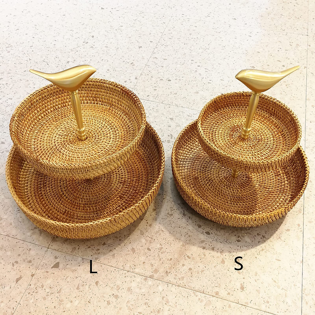 12 Inch Tiered Tray Stand with Gold Metal Handle, Two Tier Wicker Basket Tray with 4 Inch Side and Brass Bird Décor, Boho 2 Tier Rattan Serving Stand for Candy Dish, Fruit, Makeup, Brown, L, i-lan