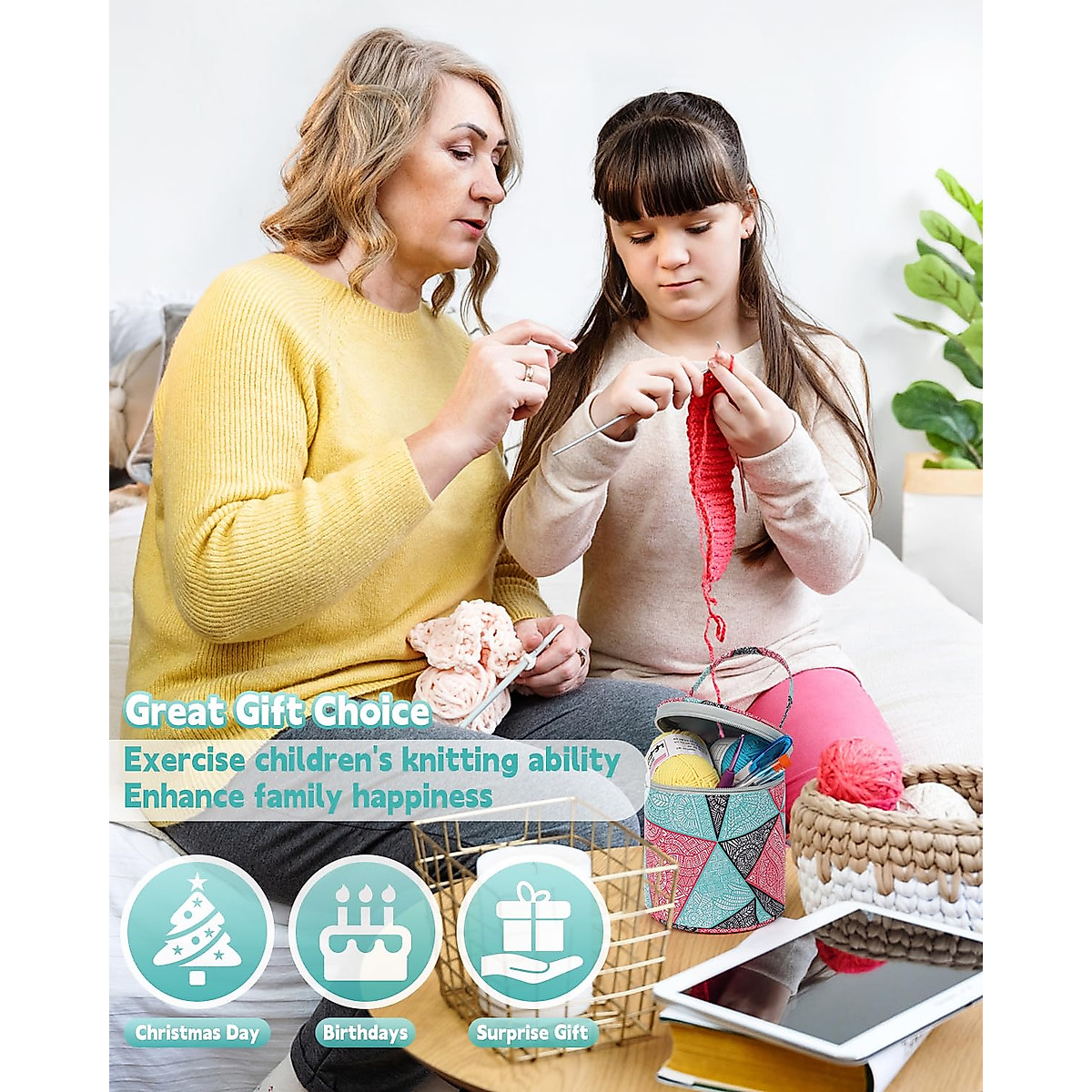 Coopay Small Yarn Storage Bag, Mini Knitting Bag Yarns Drum Case for Carry Yarn Ball, Crochet Kits, Knitting Supplies and Sewing Accessories, for Beginner, Crocheter and Crafter, Blue