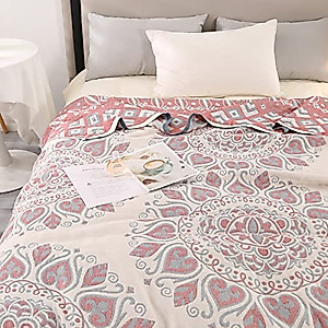KINBEDY 4 Layers of Gauze Blanket, 100% Cotton Super Soft Boho Lightweight Breathable Bed Blankets Colorful Muslin Throw Blanket for All Seasons, Red Queen Size 79 x 92 Inches.