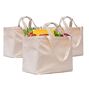 CNaiyunpin Canvas Grocery Bag 3pc XL Set with Real Pockets, Long Shoulder Strap and Short Handle, Canvas Tote Bags Heavy Duty, Foldable, Washable