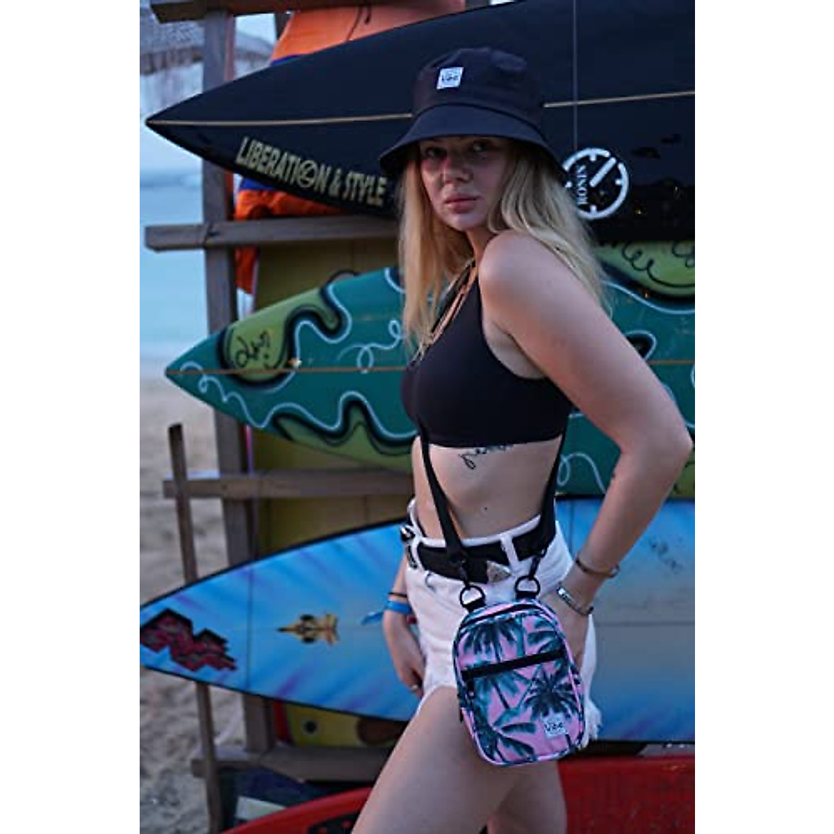 Vibe Festival Gear Crossbody Sling Bag for Women 4in1 from Recycled Polyester Belt Bag Backpack Fanny Pack Purse - Pink Tropical Palm Trees