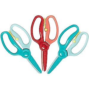 Fiskars Training Scissors for Preschoolers Ages 3+ (3-Pack), Small Kids Safety Scissors with Training Lever, Easy to Use, Preschooler Art Supplies, Back To School, Turquoise and Red