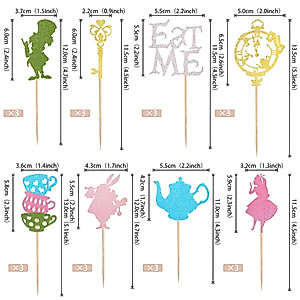 24 PCS Alice In Wonderland Cupcake Toppers Glitter Bowl Key Clock Fairy Eat Me Cupcake Picks Tea Party Cake Decorations for Baby shower Kids Boys Girls Birthday Party Supplies