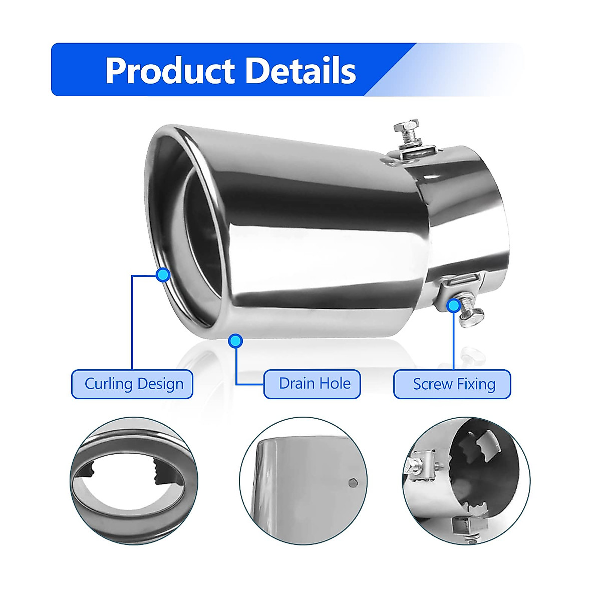 Miytsya 1 PC Car Exhaust Tip, 2.48" Inlet 3.34" Outlet 5.5" Overall Length Stainless Steel Exhaust Tips, Universal Chrome Polished Tailpipe Tip, Muffler Tip Pipes, Bolt On Design (Silver/Bending)