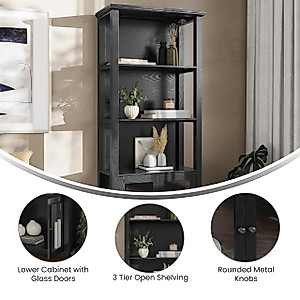 EMMA + OLIVER Dassie Bookcase Storage Cabinet, 2 Glass Doors & 3 Storage Shelves, Wood Bookshelf Cabinet for Living Room, Bedroom, Home Office, 67.75" H, Black