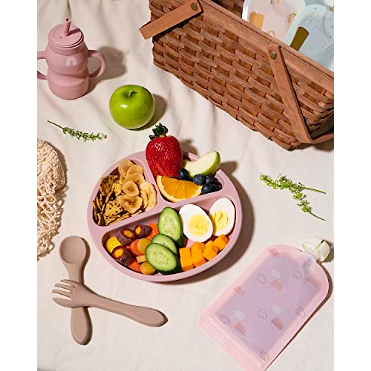 Hippypotamus Toddler Plates with Suction - Baby Plates - 100% Food-Grade Silicone Divided Plates - BPA Free - Dishwasher Safe - Set of 3 (Sage/Blush/Nude) (Pink/Mint/Lavender with LIDS)