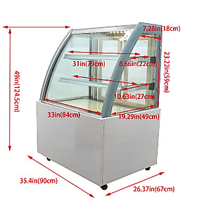 INTSUPERMAI Glass Bakery Display Case 35inch Floor Standing Refrigerated Cake Showcase Bakery Cabinet Display Refrigerators Cake Showcase Arc Back Door LED Lighting 220V Automatic Defrost