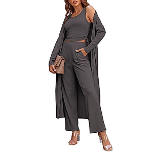 Ekouaer Women's 3 Piece Knit Lounge Set Pajama Long Sleeve Cardigan Sleeveless Top Pants SweatsuitCharcoal GreyLarge
