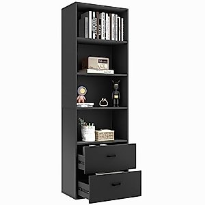 JIMUOO 74’’ Tall Bookshelf with Drawers, 4 Shelf Bookcase with Storage Cabinet, 4 Tier Wooden Book Display Shelf Storage Organizer for Bedroom Office Home Living Room