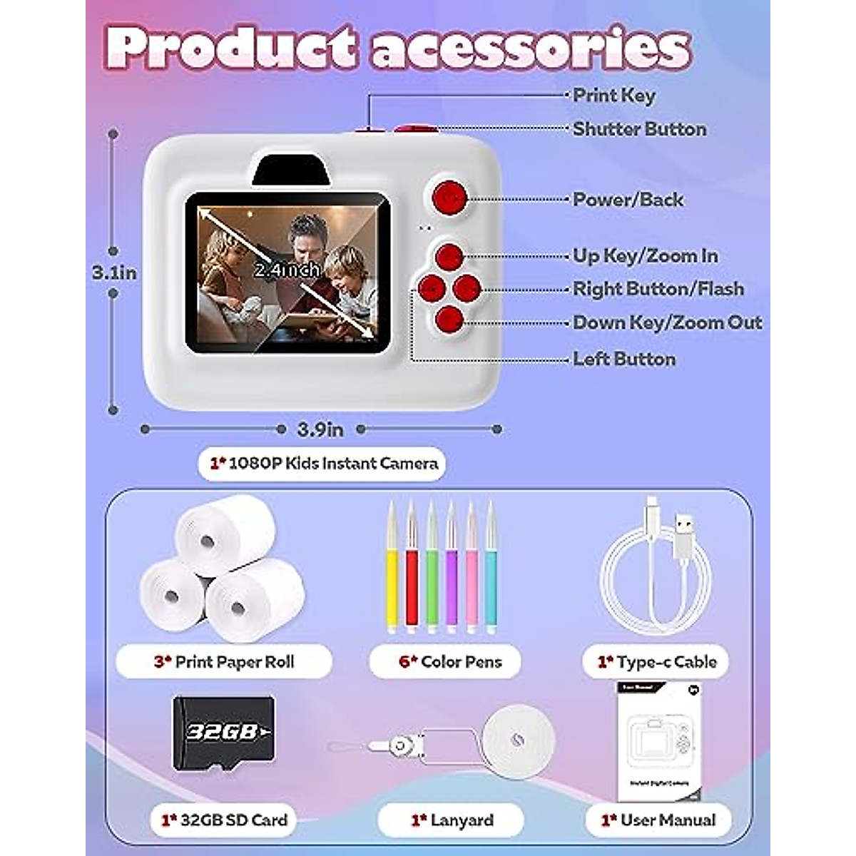 Kids Camera Instant Print, MEETRYE Instant Print Camera for Kids 4-14 Year Old, Christmas Birthday Gifts Digital Camera Toy for 5 6 7 8 9 10 Year Old Girls Boys Toddlers