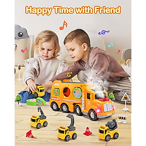 HOLY Fun 5 in 1 Construction Truck Toy Set, Transport Carrier Truck with Spray Sound& Light, 4 Small Engineering Mixer Excavator Crane Dump Car, Friction Power Truck Set, Early Learning Gift for Kids