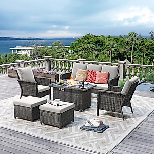 Outdoor Patio Furniture Set with 44" Gas Fire Pit Table - PE Wicker Patio Conversation Sets Cushioned Seat Couch - 7 Seats Outdoor Sectional Chair Sofa Set for Yard Garden Porch(6Pcs, Beige)